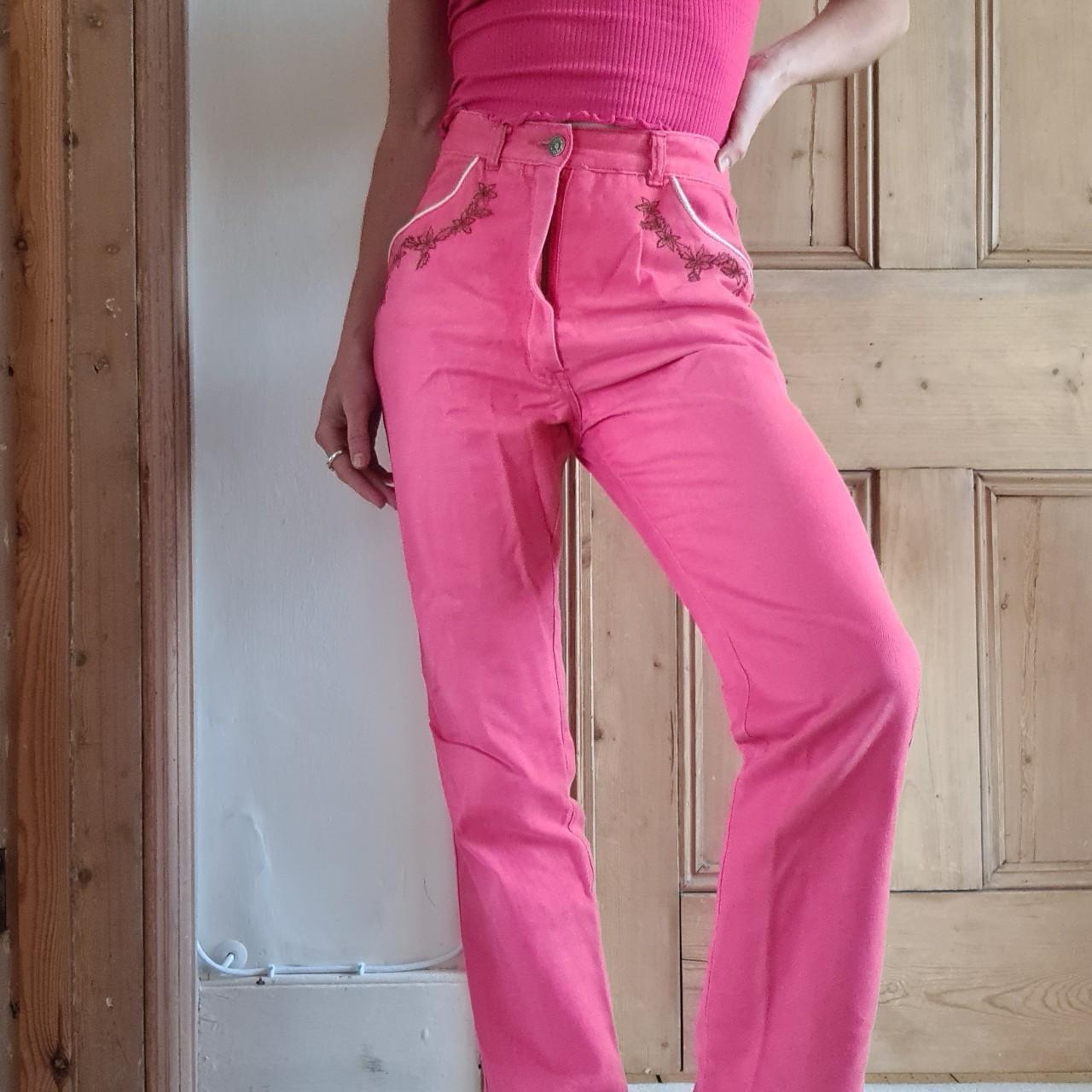 vintage pink denim jeans with flower embroidery... - Depop