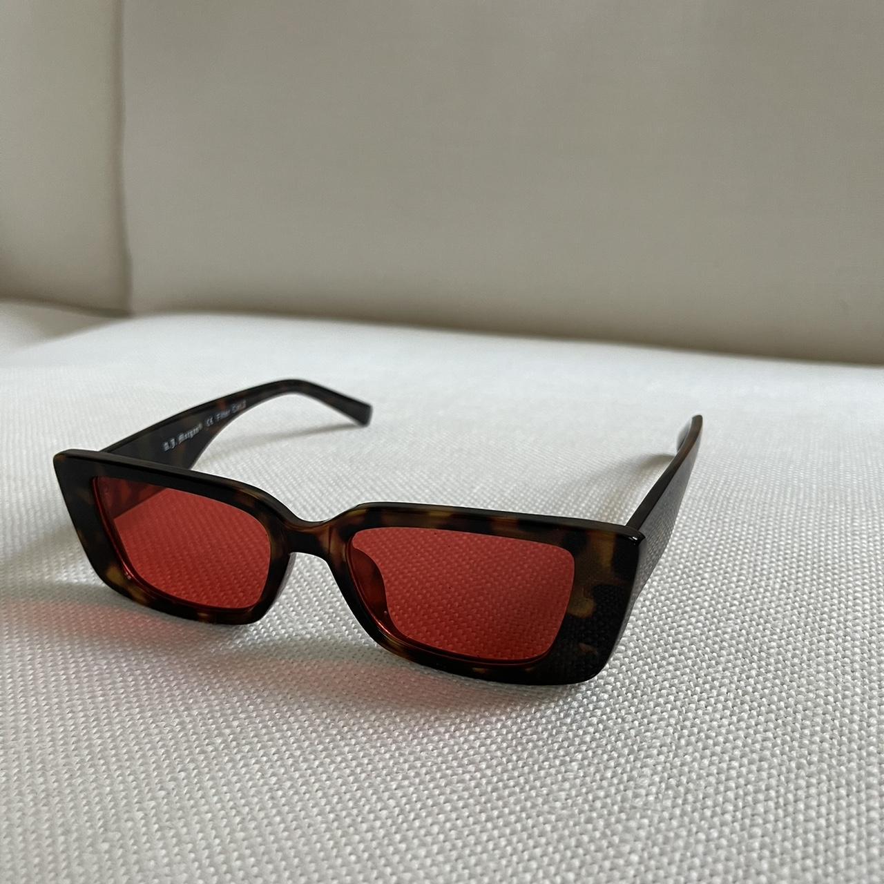 Rectangular tortoiseshell sunglasses with red lenses... - Depop