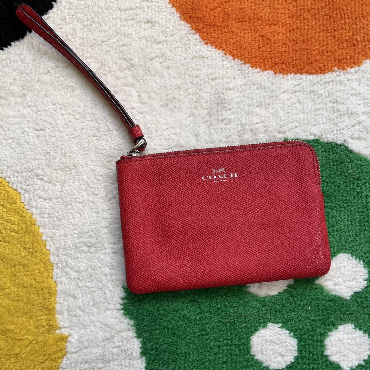 Red leather coach wallet with strap. Has some slight... - Depop