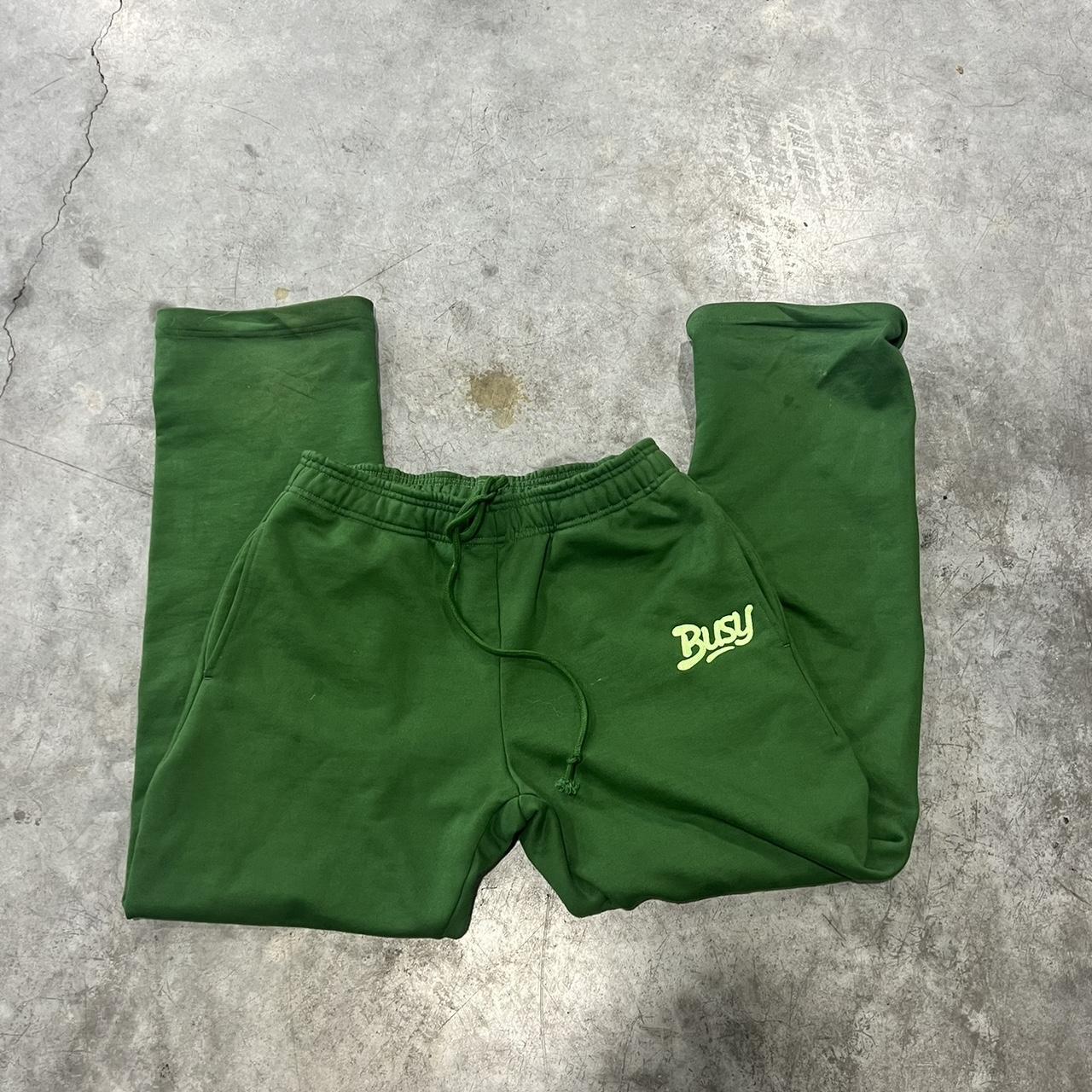 sorry im busy green sweat pants trackies over sized... - Depop