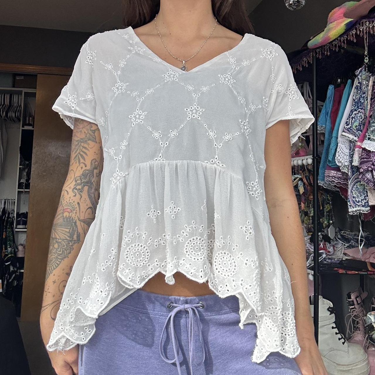 Mesh ruffle flower embroidery flowy shirt from... - Depop