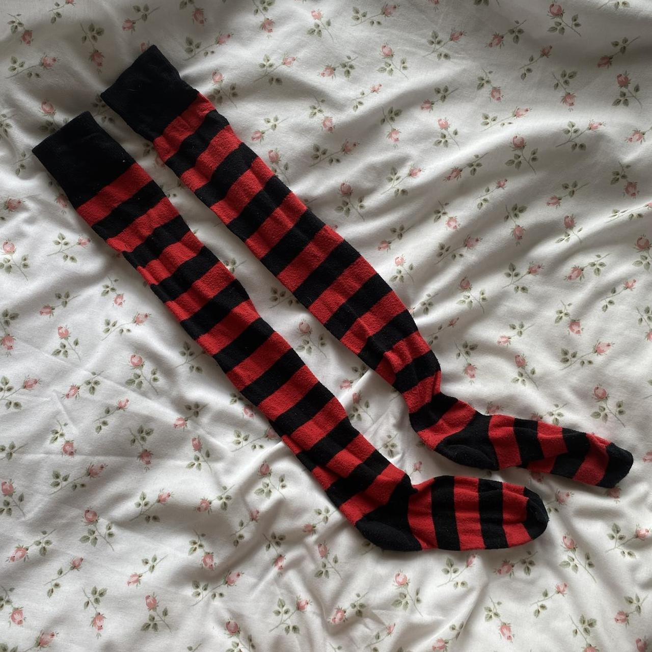 🎀 grunge thigh high socks - black and red striped... - Depop