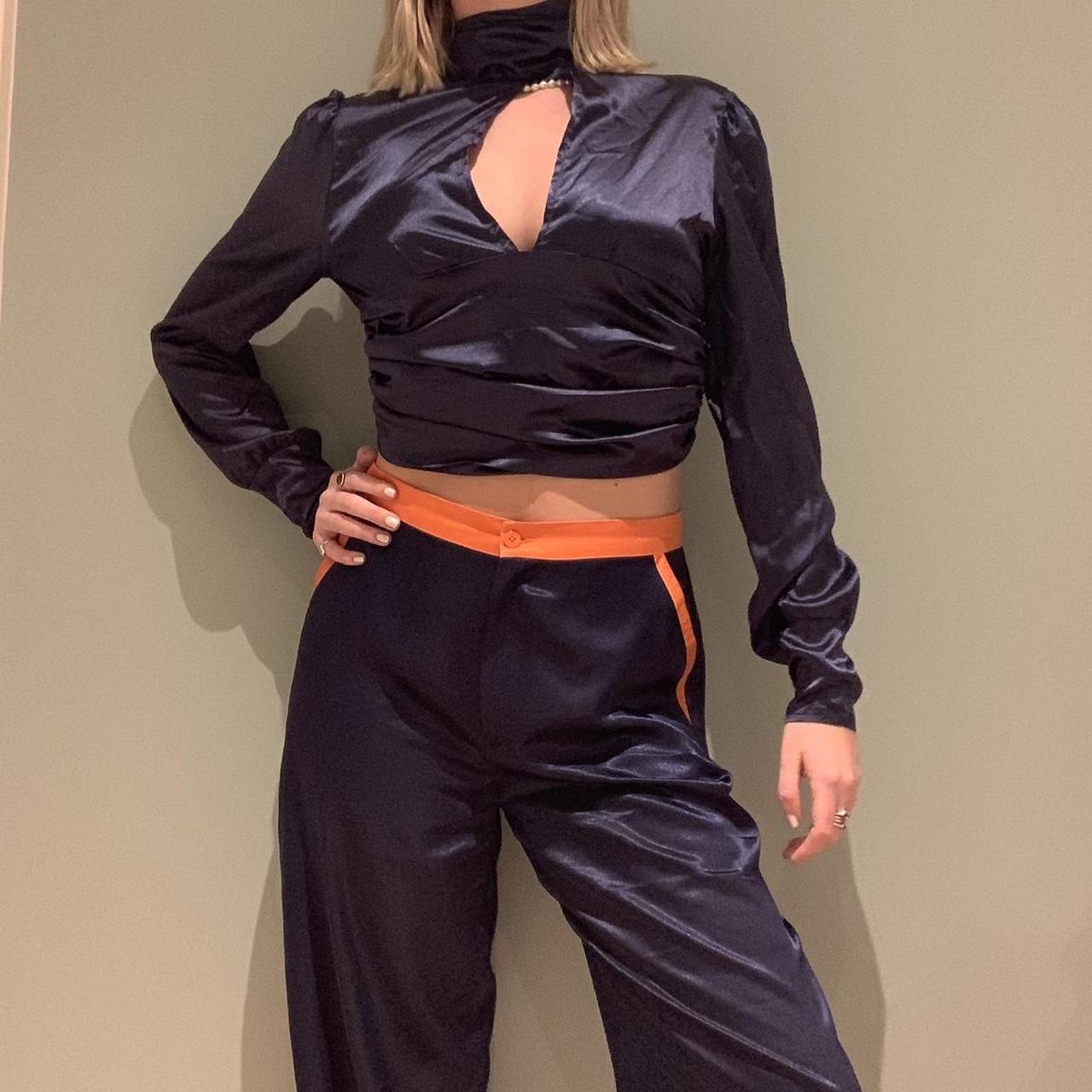 Vintage silk looking navy blue backless high neck... - Depop