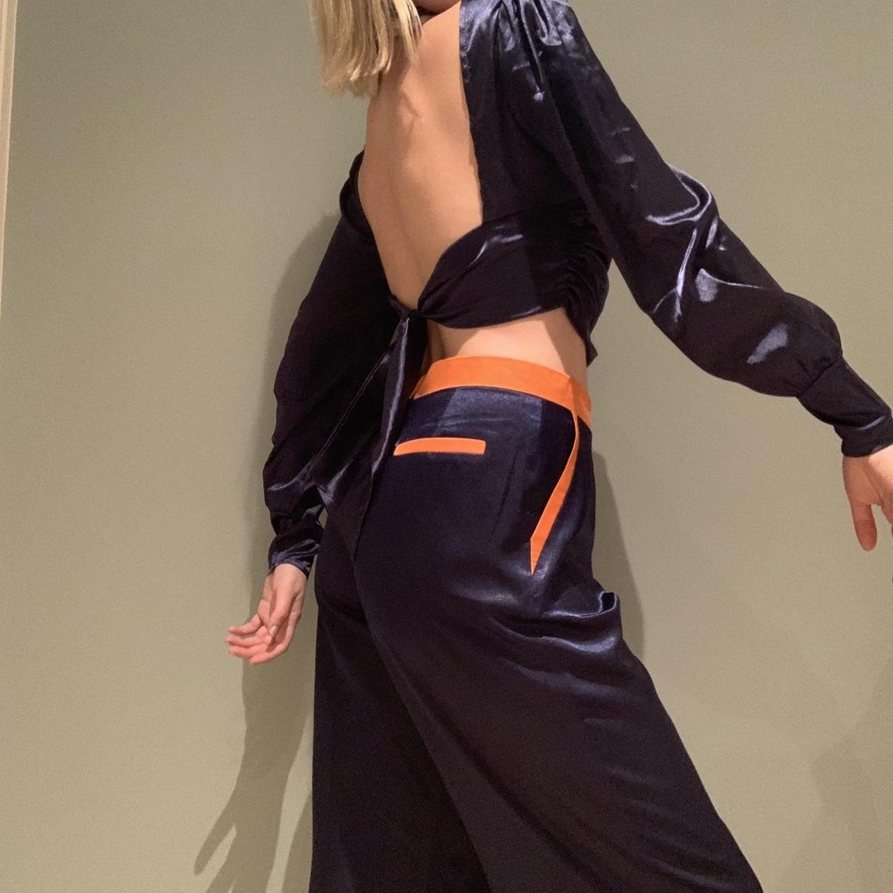 Vintage silk looking navy blue backless high neck... - Depop