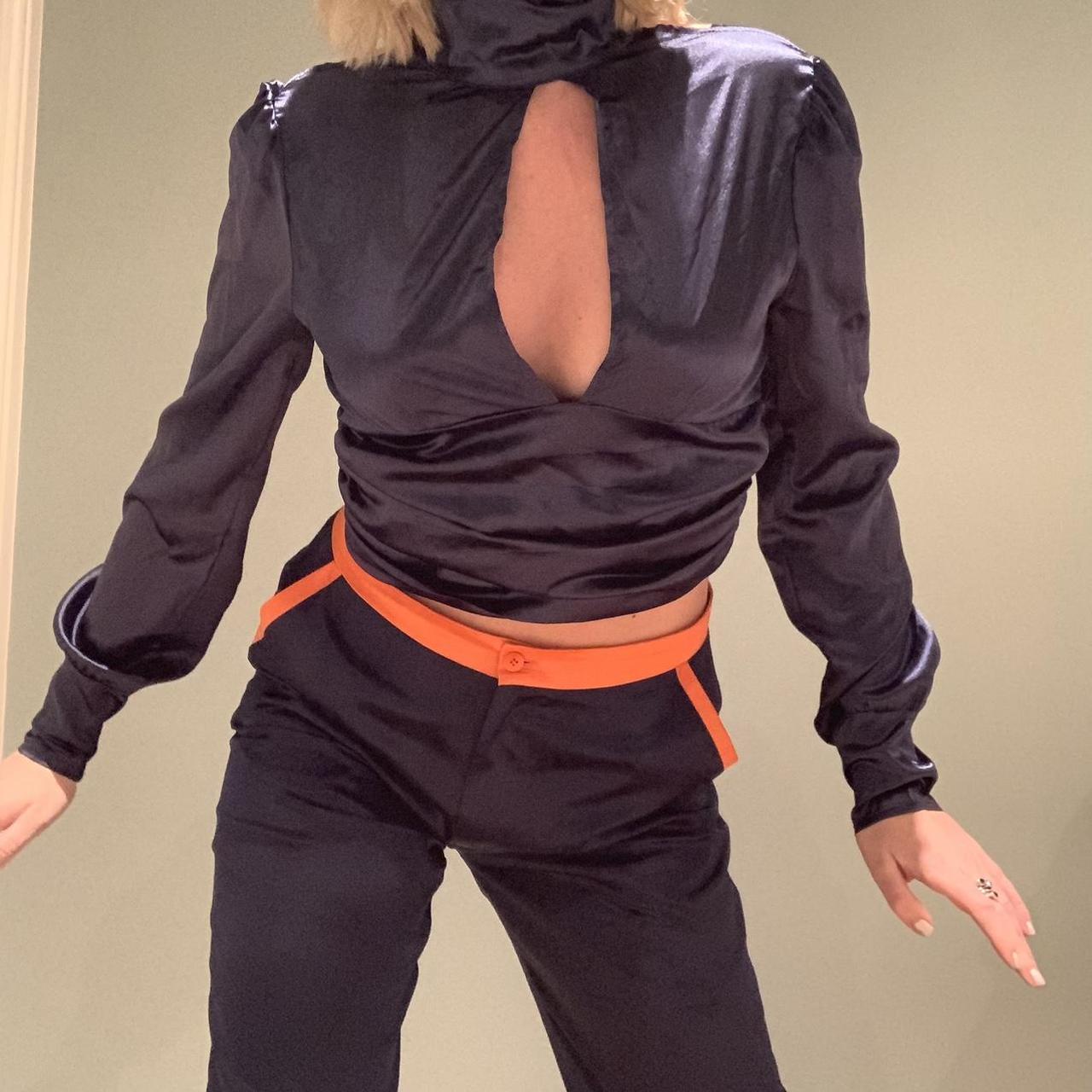 Vintage silk looking navy blue backless high neck... - Depop