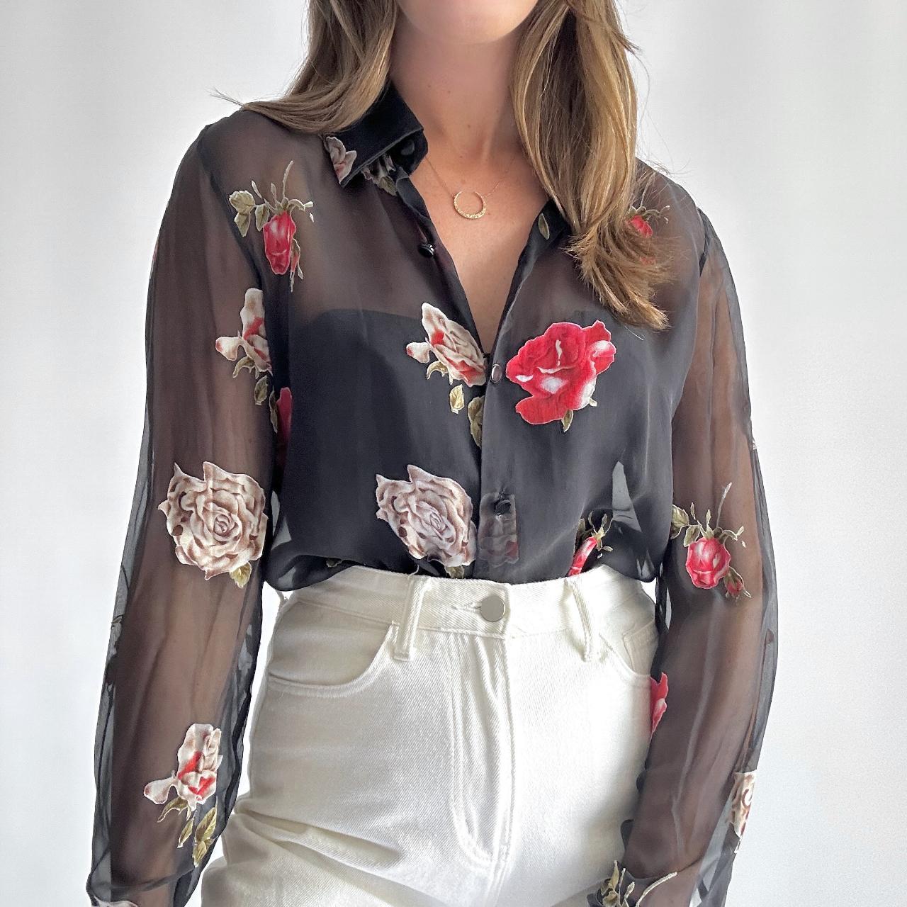 Vintage Black Sheer Rose Blouse Size 8 Boxy Could... - Depop