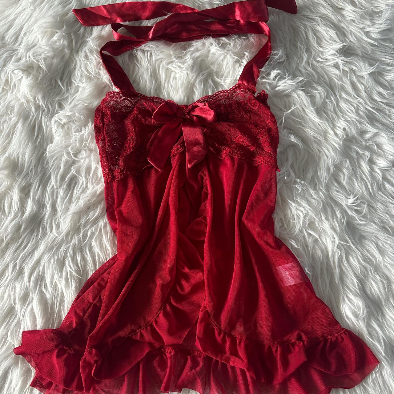 Red lace sheer slip tube top with self neck ties and... - Depop