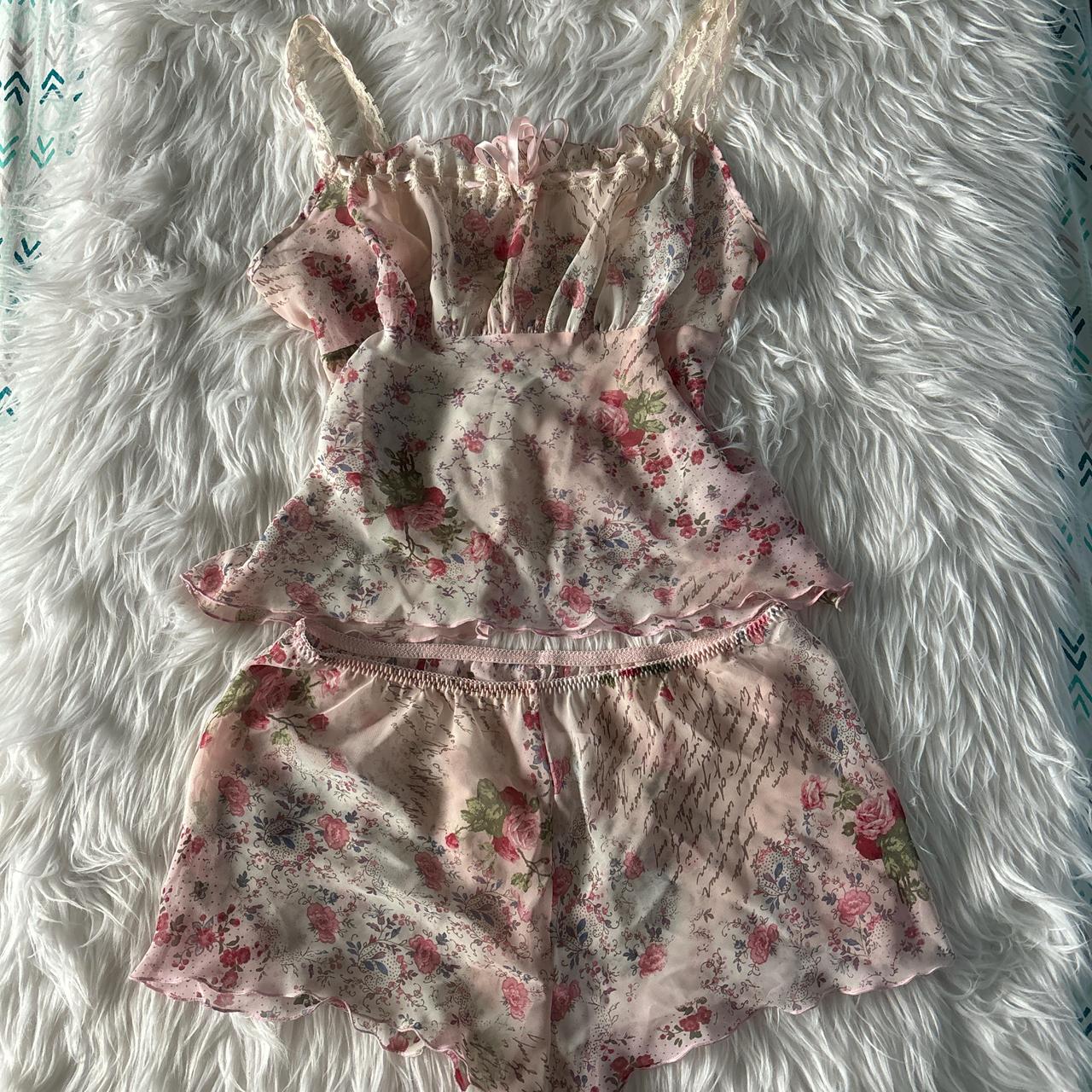 Pink and white sheer fairy coquette floral print... | Depop