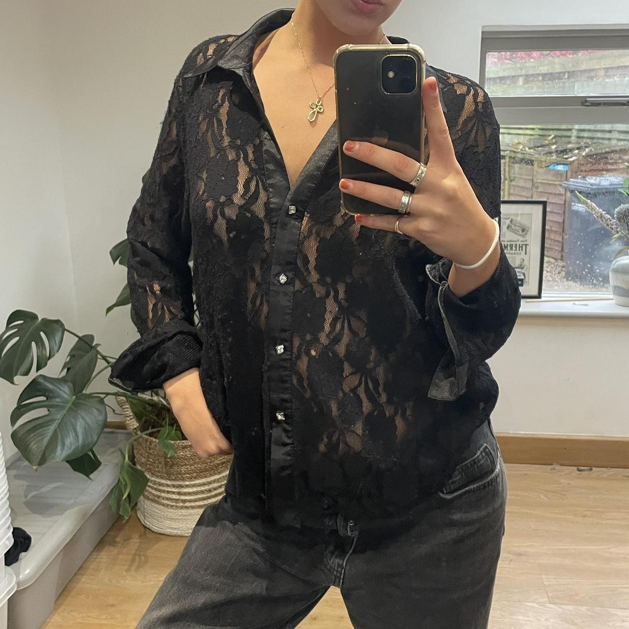 vintage black lace sheer shirt (sh) beautiful lace... - Depop