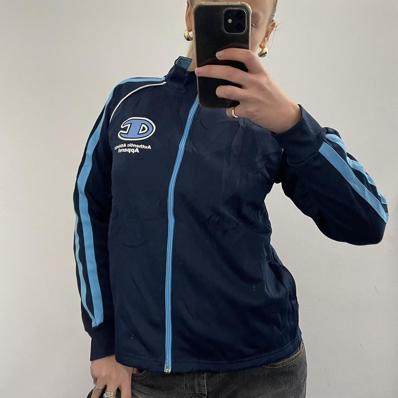 vintage track jacket black jacket with blue details... - Depop