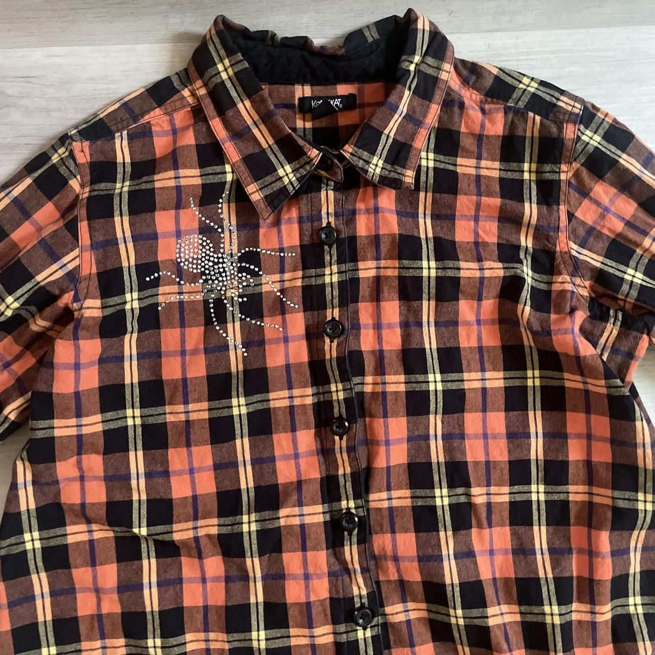amazing halloween colored flannel with a spider... - Depop