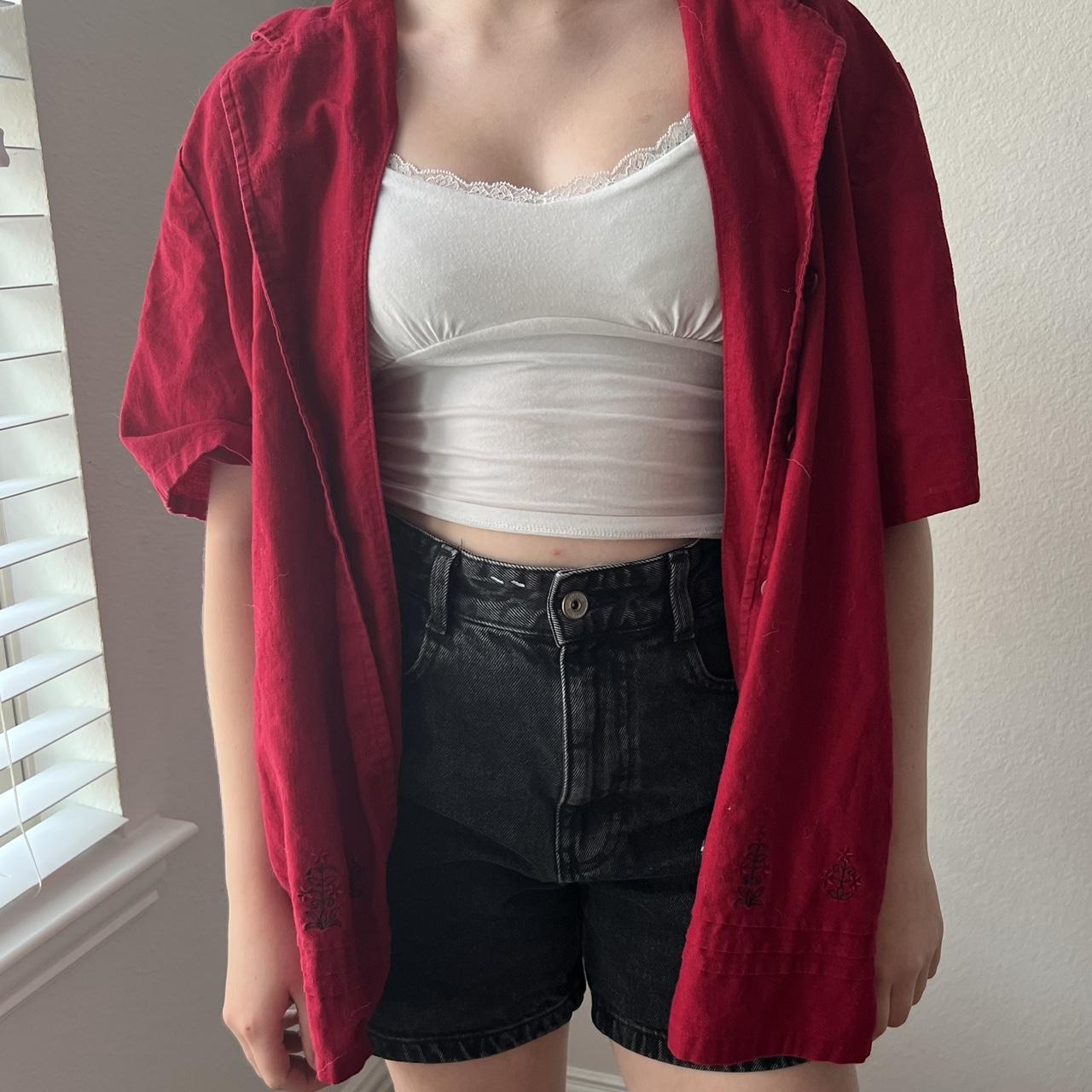 red button down shirt with cute little embroidered... - Depop