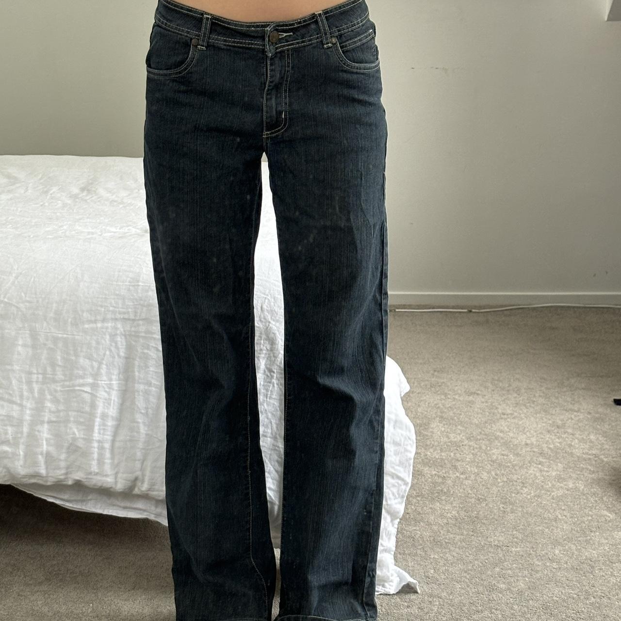 dark wash low rise wide leg jeans, thrifted. - Depop