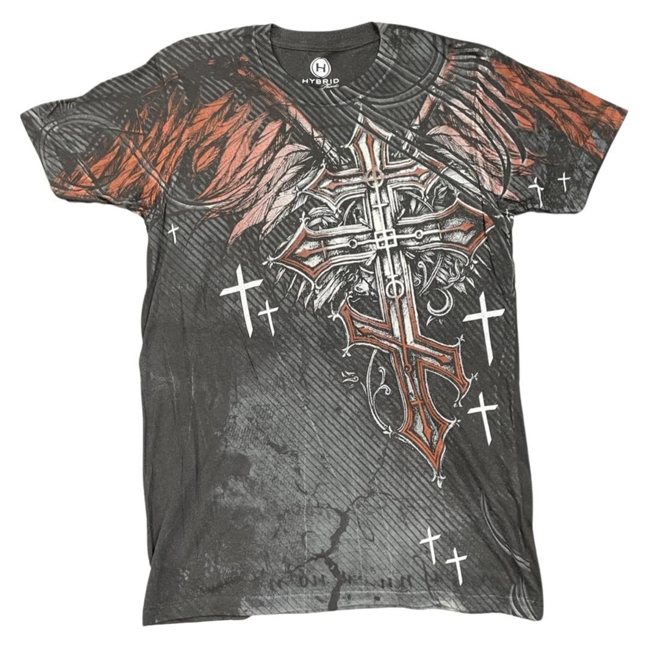 ☠︎ y2k cross tee shirt ☠︎ ☠︎ all over print cross wing... - Depop