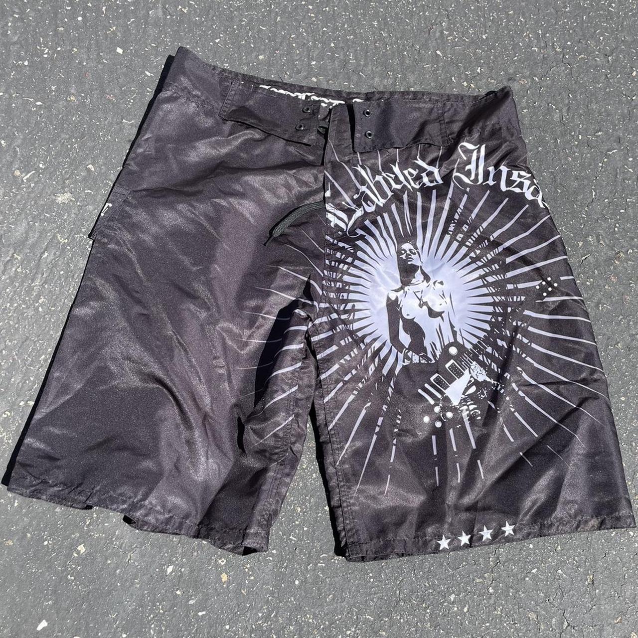 y2k affliction style trunks black white print... | Depop