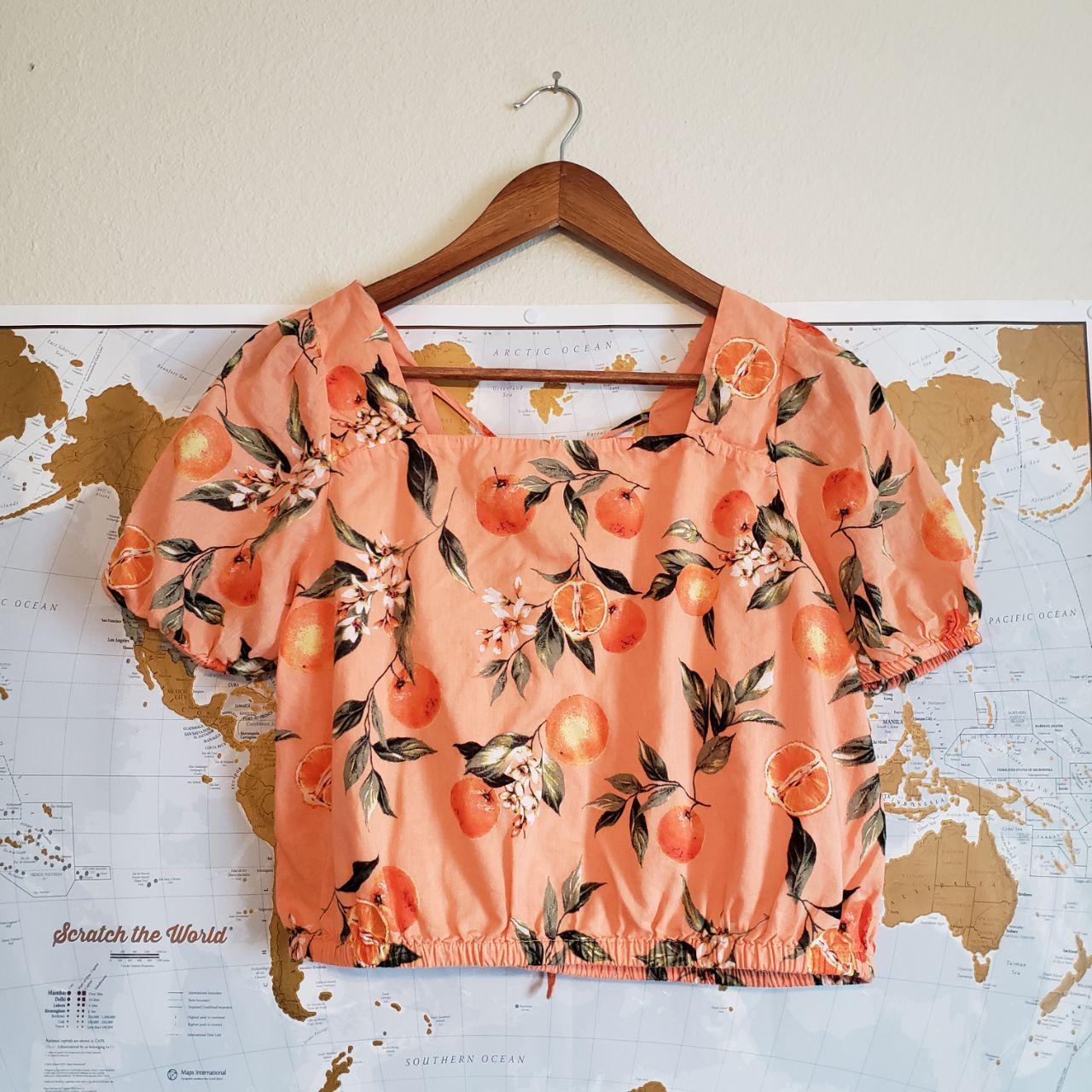Loft brand orange fruit print puff sleeved crop top.... - Depop