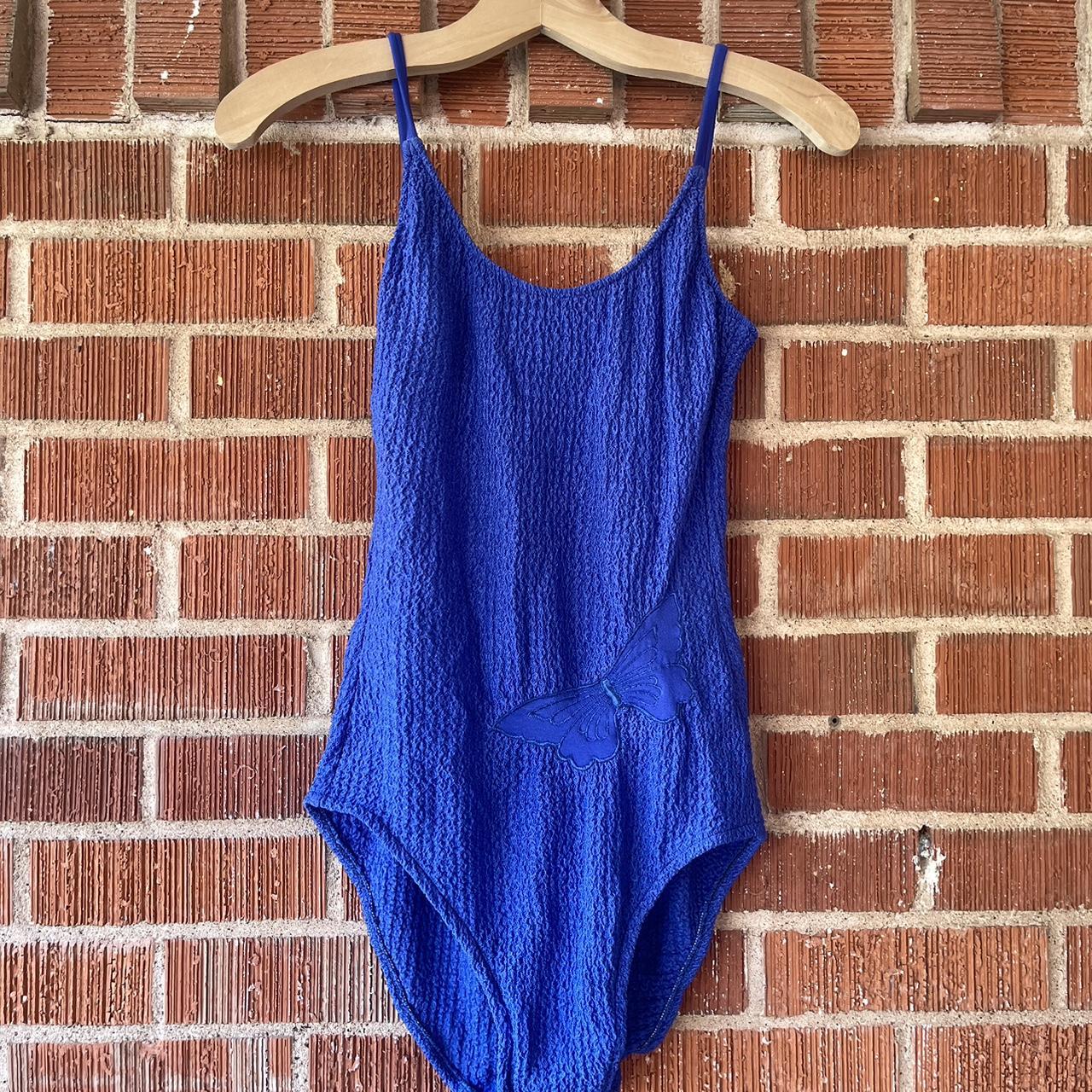 Vintage 80s blue butterfly embroidered bathing suit... - Depop