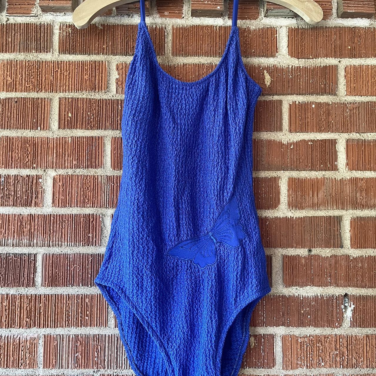 Vintage 80s blue butterfly embroidered bathing suit... - Depop