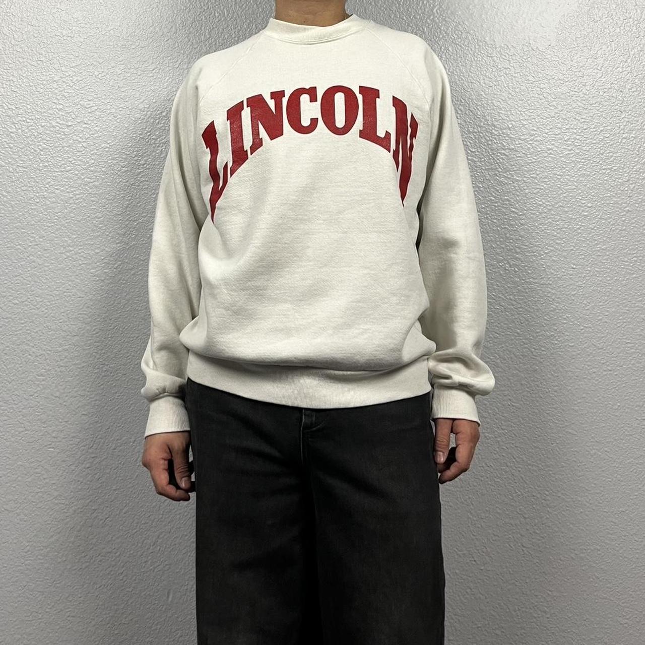 Vintage 80s White and Red Lincoln Ragland Crewneck... | Depop