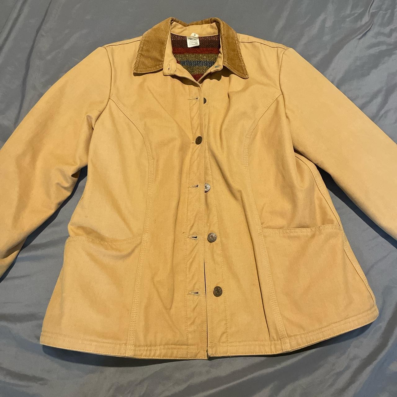 tan work jacket with two outer pockets and one inner... - Depop