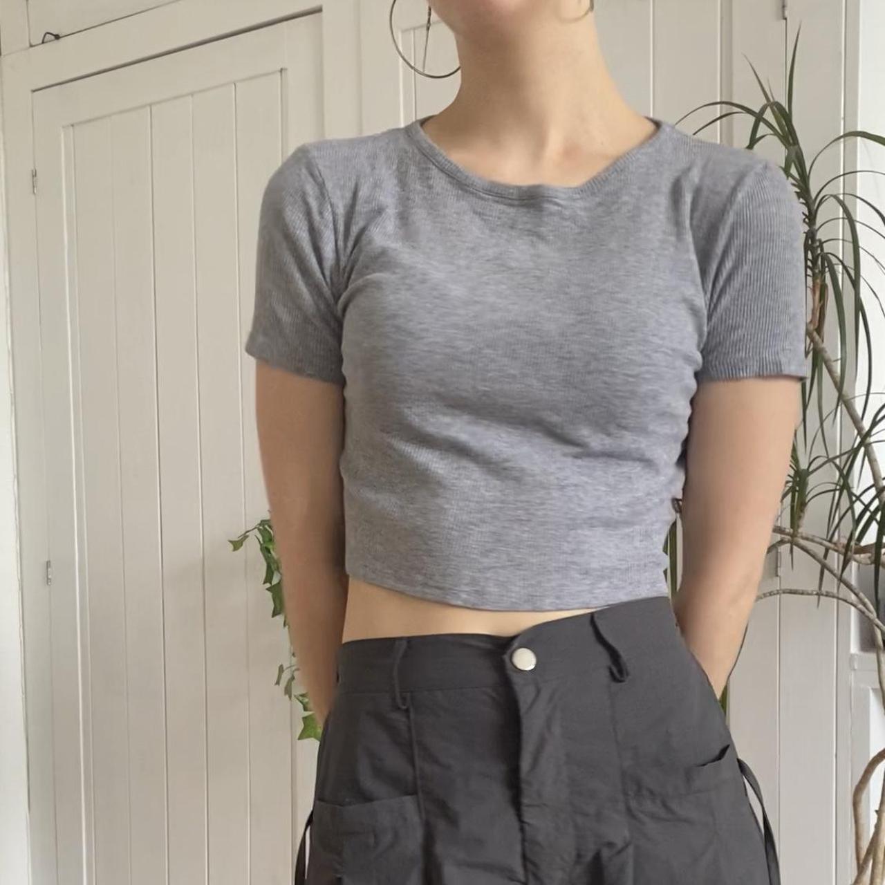 Grey ribbed crop top short sleeved T-shirt. Simple... - Depop