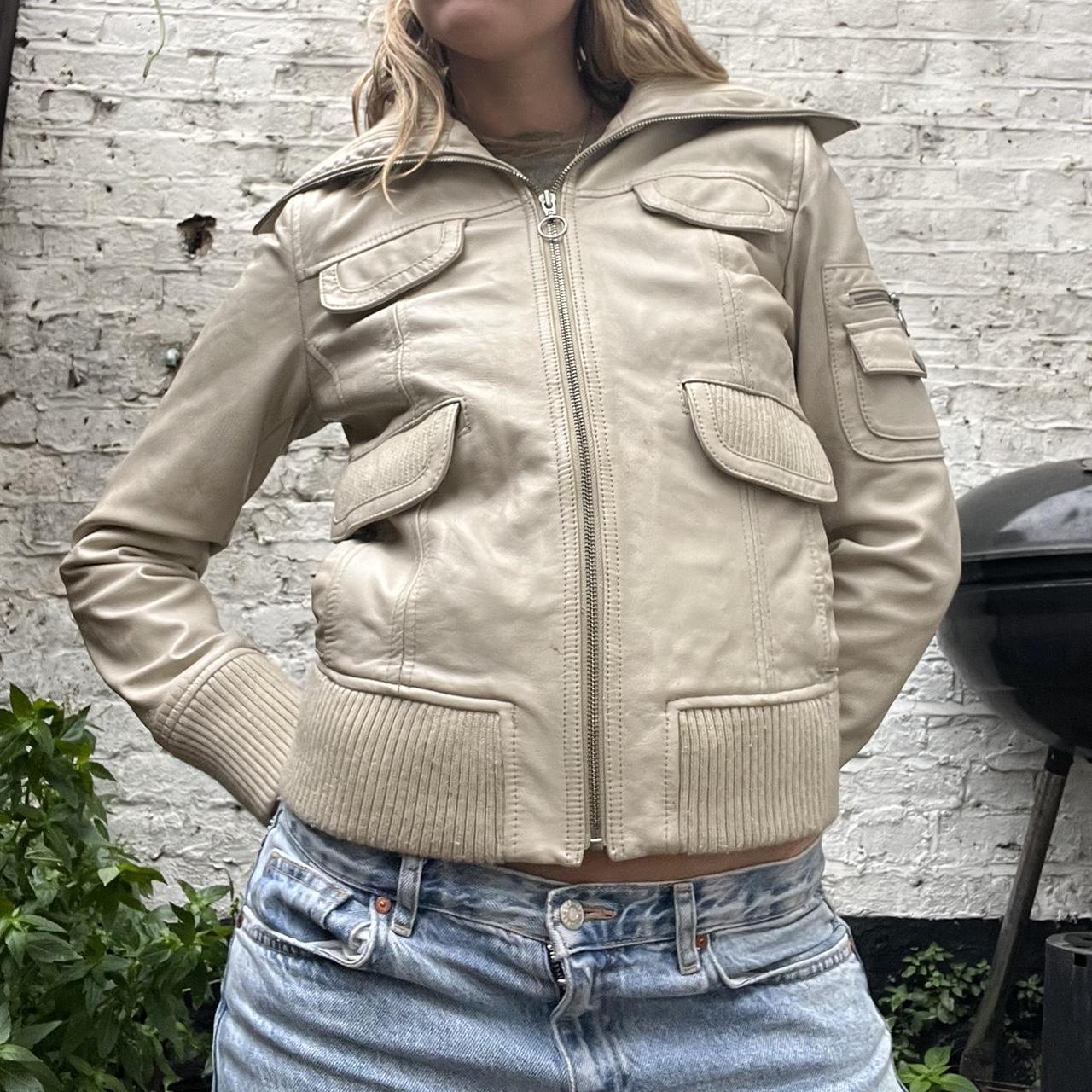 Beige cream leather jacket with jumper sections zip... - Depop