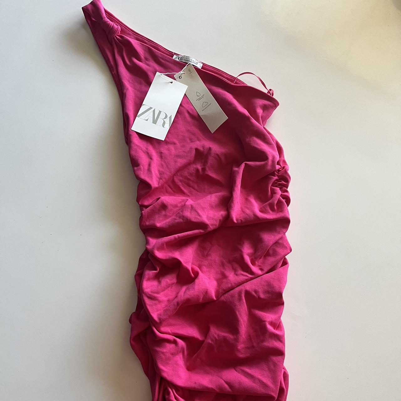 ZARA Hot Pink Ruched One Shoulder Dress Size small... - Depop