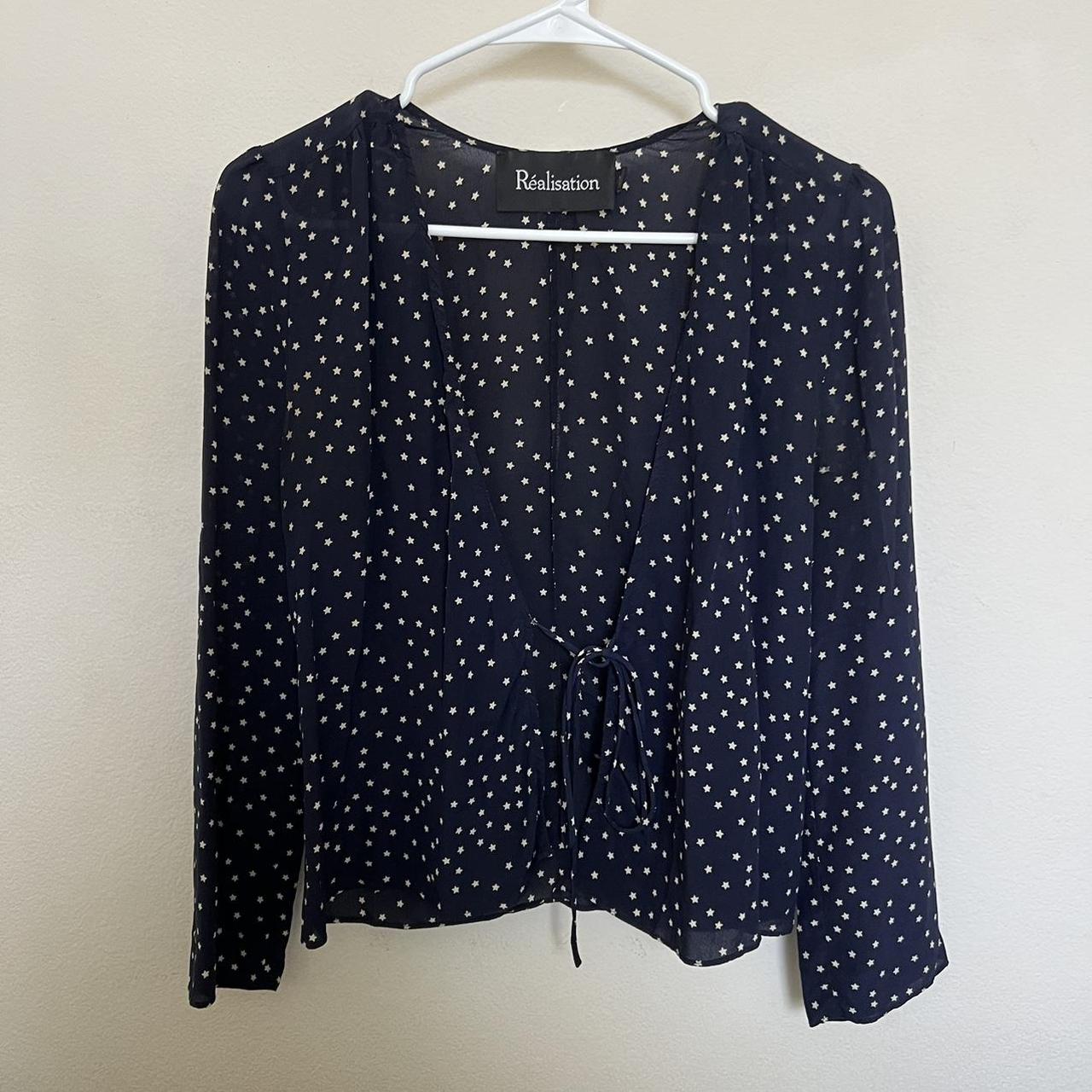 Realization Par Bianca silk printed navy blue star top - Depop