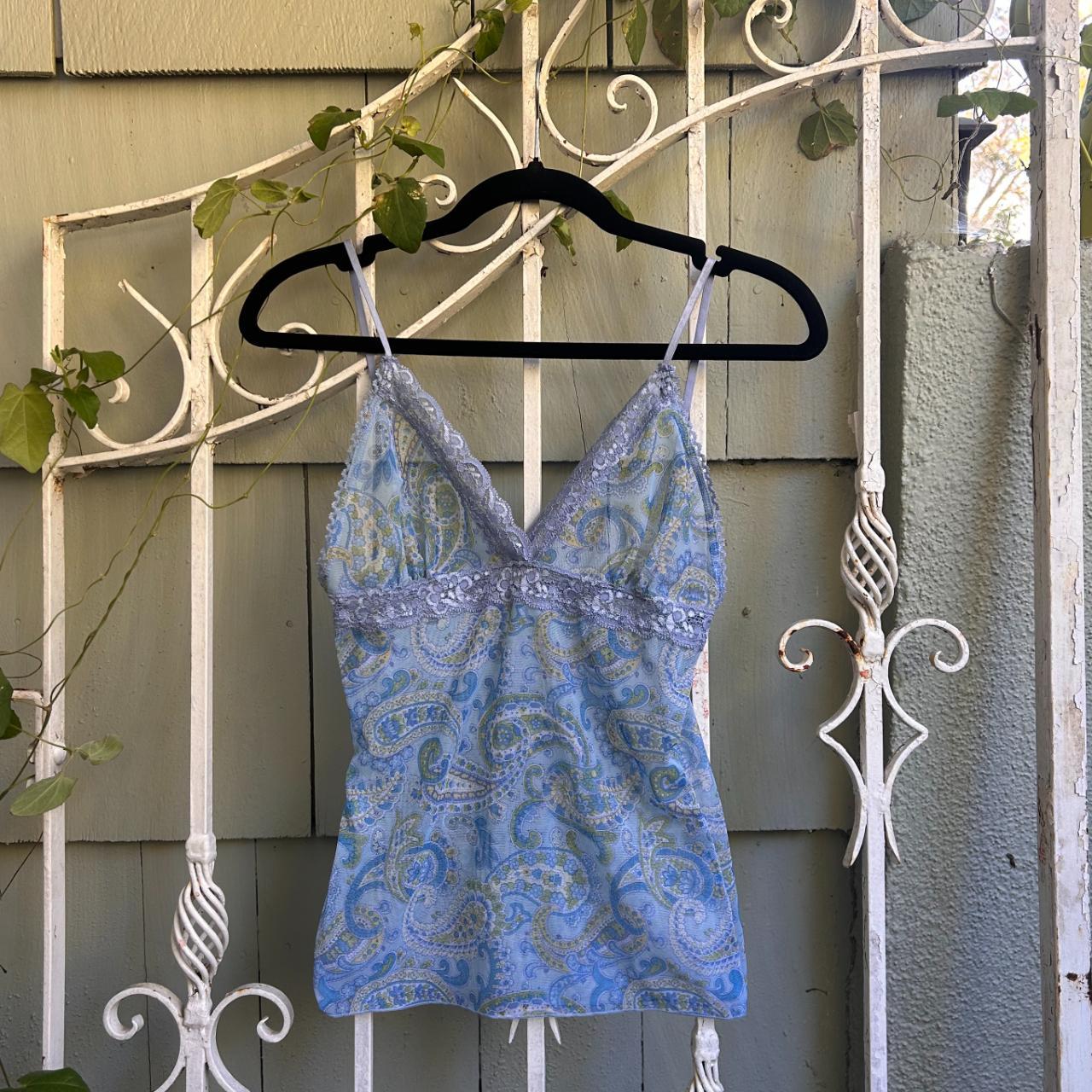 Cute blue/green sheer paisley top with lace... | Depop