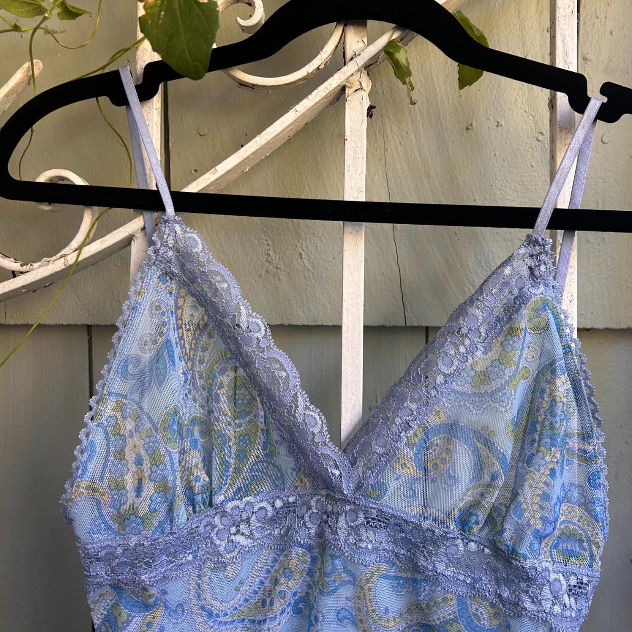 Cute blue/green sheer paisley top with lace... | Depop