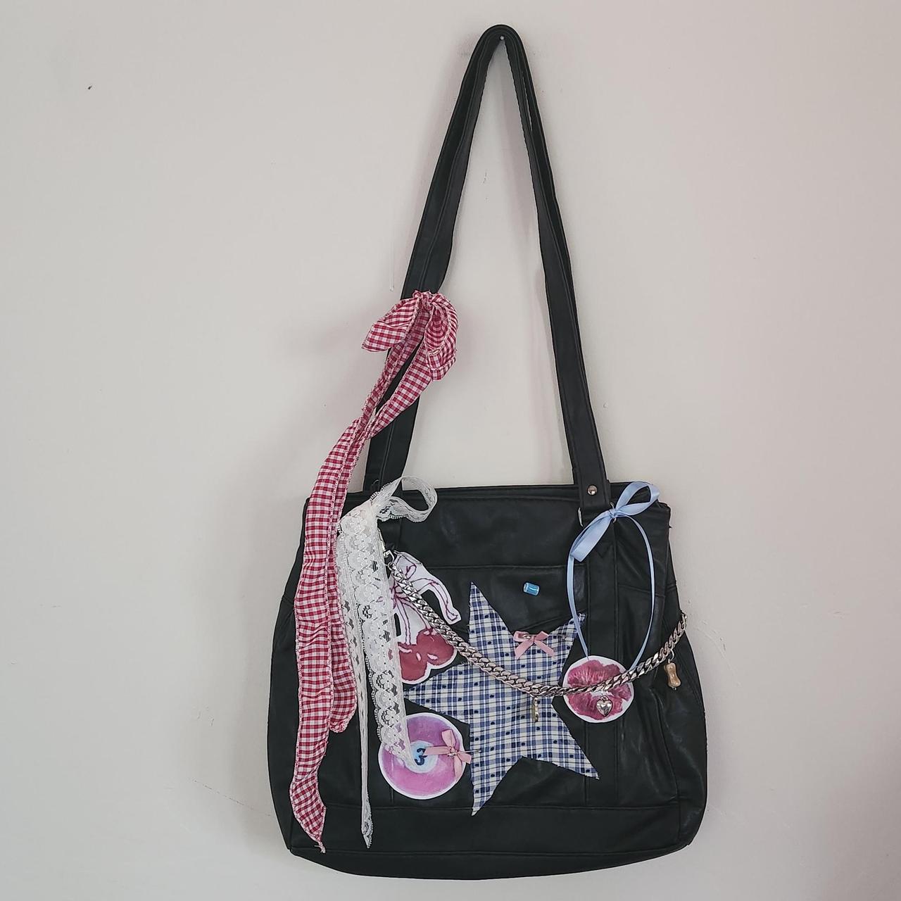 Reworked black slouch shoulder bag. Handmade prints... - Depop