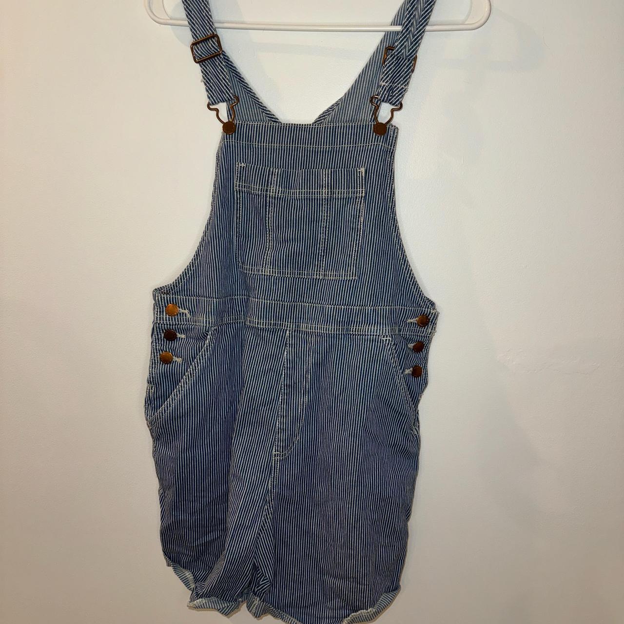 Blue and white striped overalls with a pocket on the... - Depop