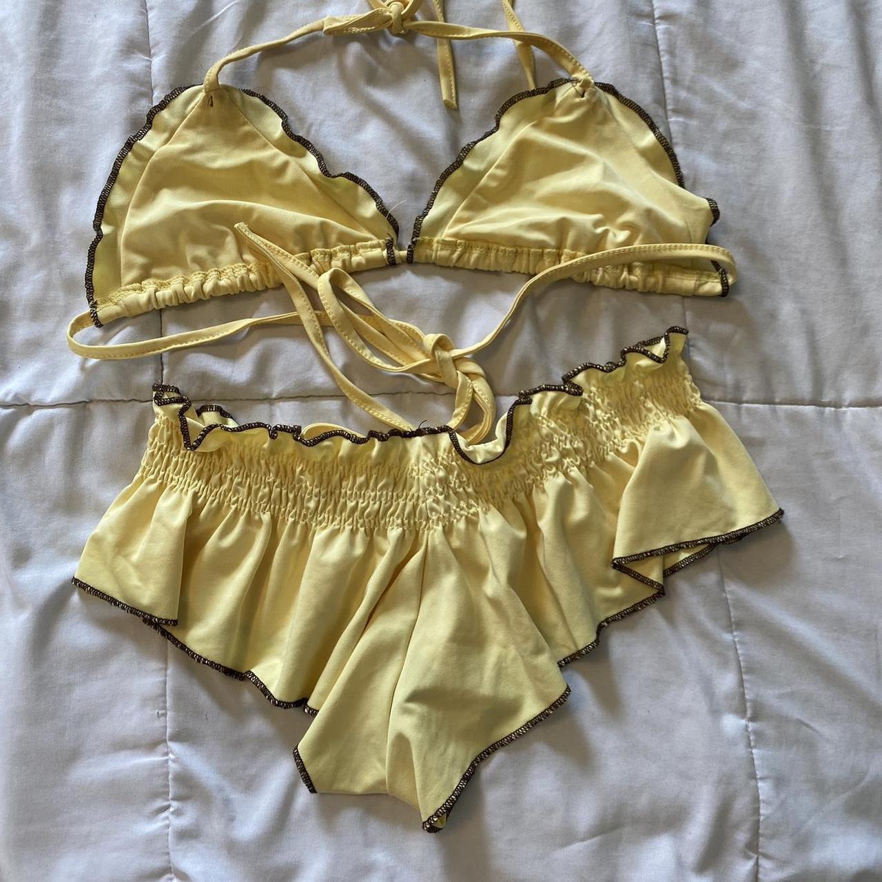 Yellow ruffle Bikini Brown Bows and stitching Great... - Depop