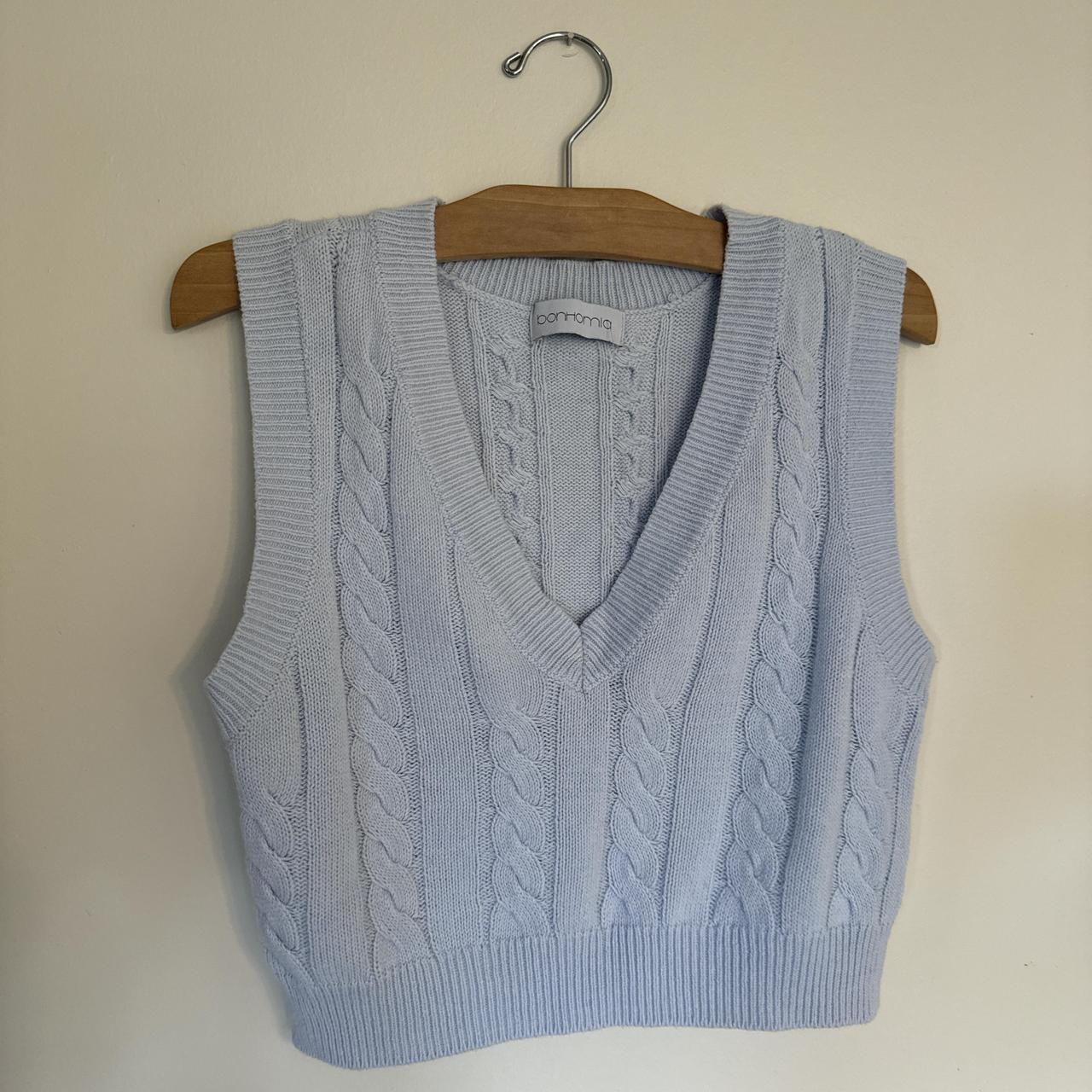 80s style baby blue knit vest with cable knit detail... - Depop