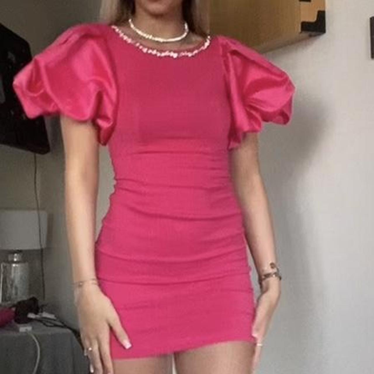 Pink puff sleeve dress with diamond around collar... - Depop