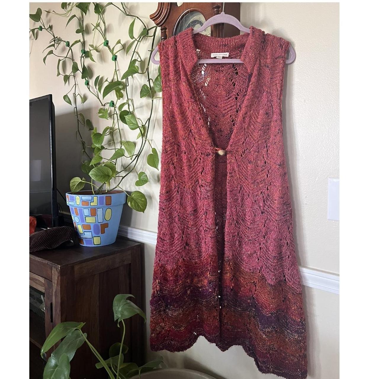 Pink and red knit long cardigan with wooden button -... - Depop