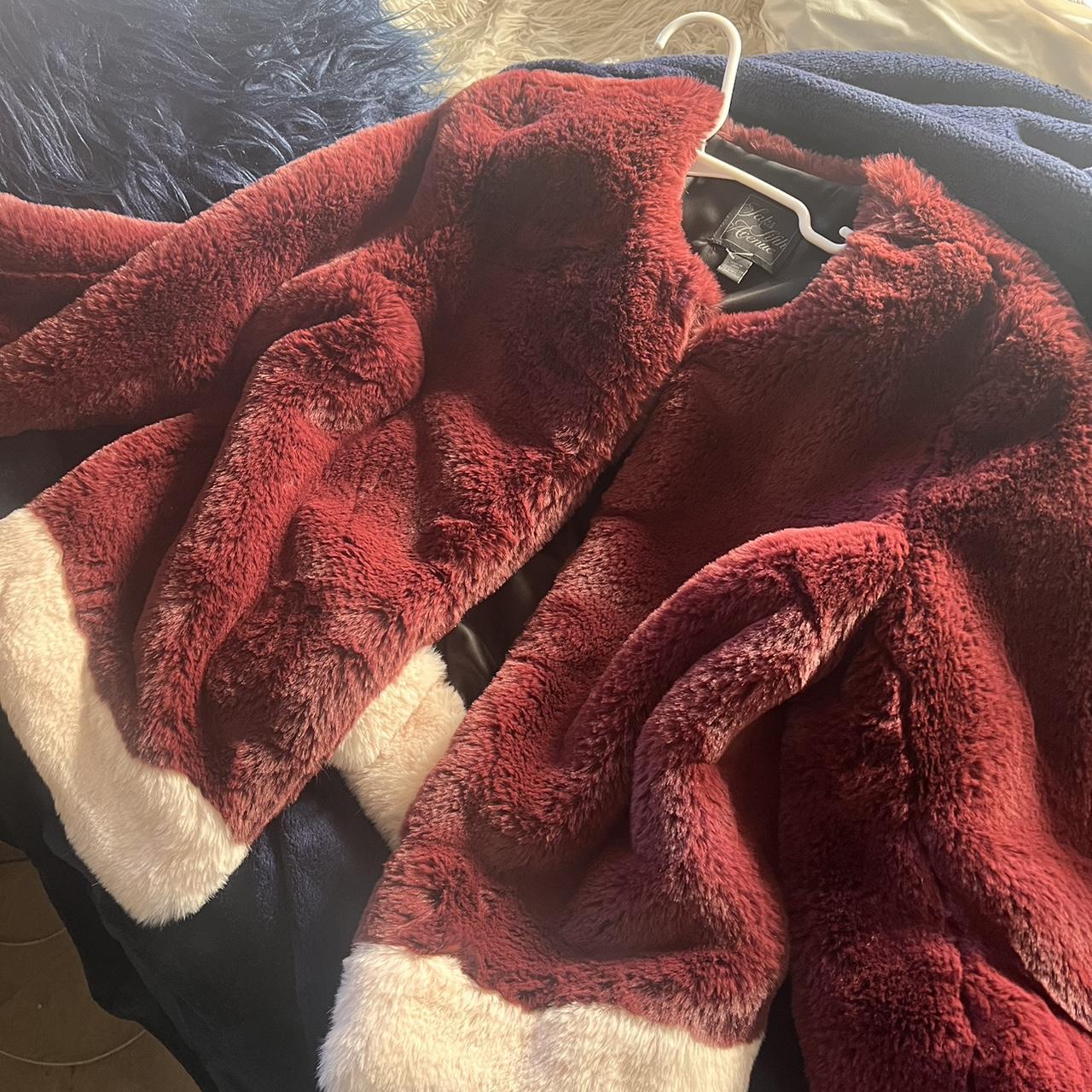 Red and White fluffy coat. Extremely cute and... - Depop