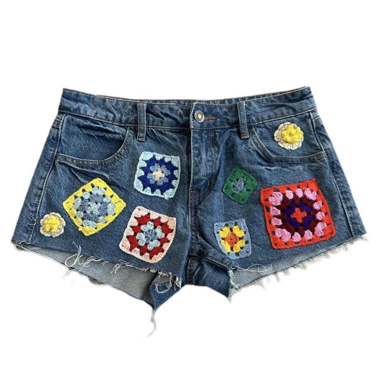 These Multicolor Patchwork Crochet Denim Shorts are... - Depop