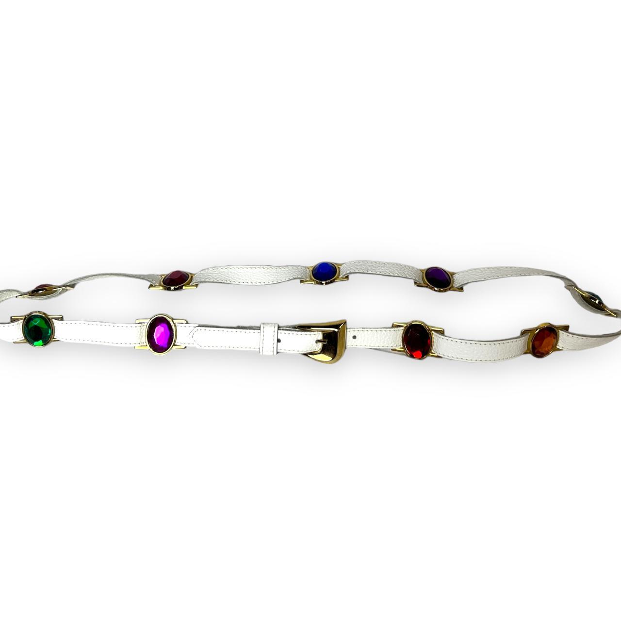Vintage Colorful Gem Stone Belt Gold White... - Depop