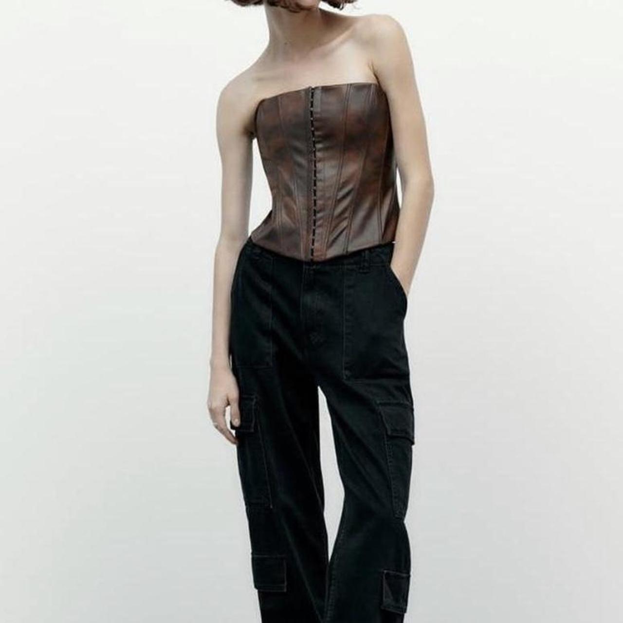 Zara brown leather corset Size XS worn twice in... - Depop