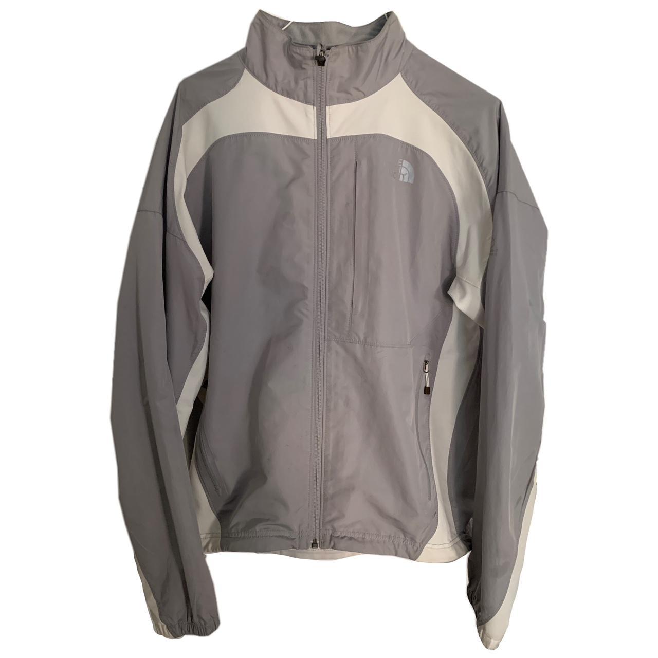 reflective silver and white mock neck zip up from... - Depop