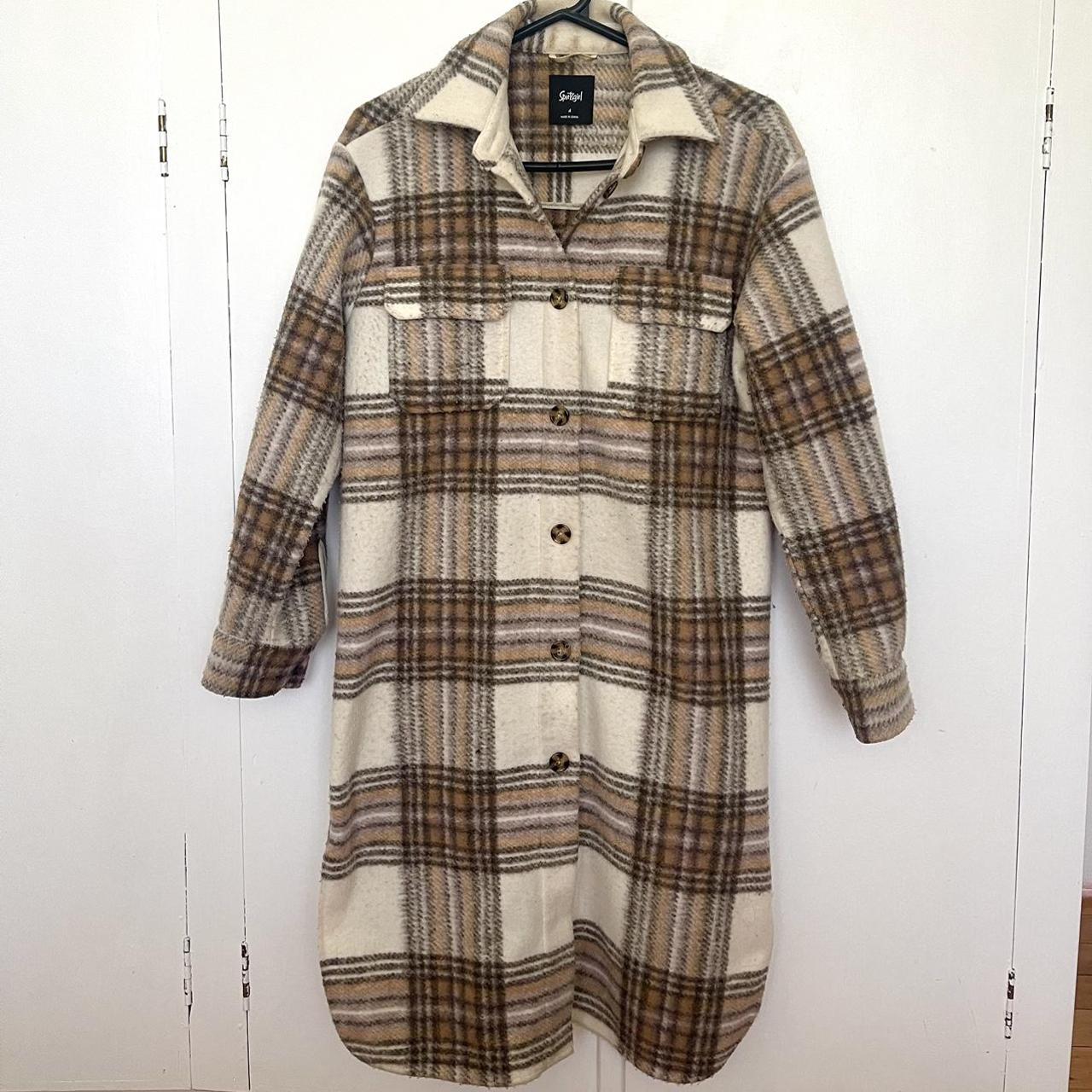 Sportsgirl Longline Cream/Brown Check Shacket Size... - Depop