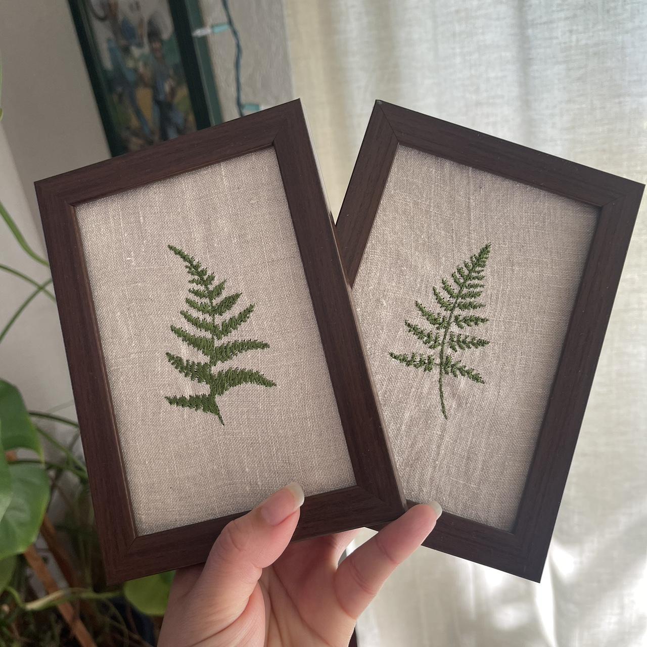 Set of embroidered ferns on linen, framed. Upcycled... - Depop