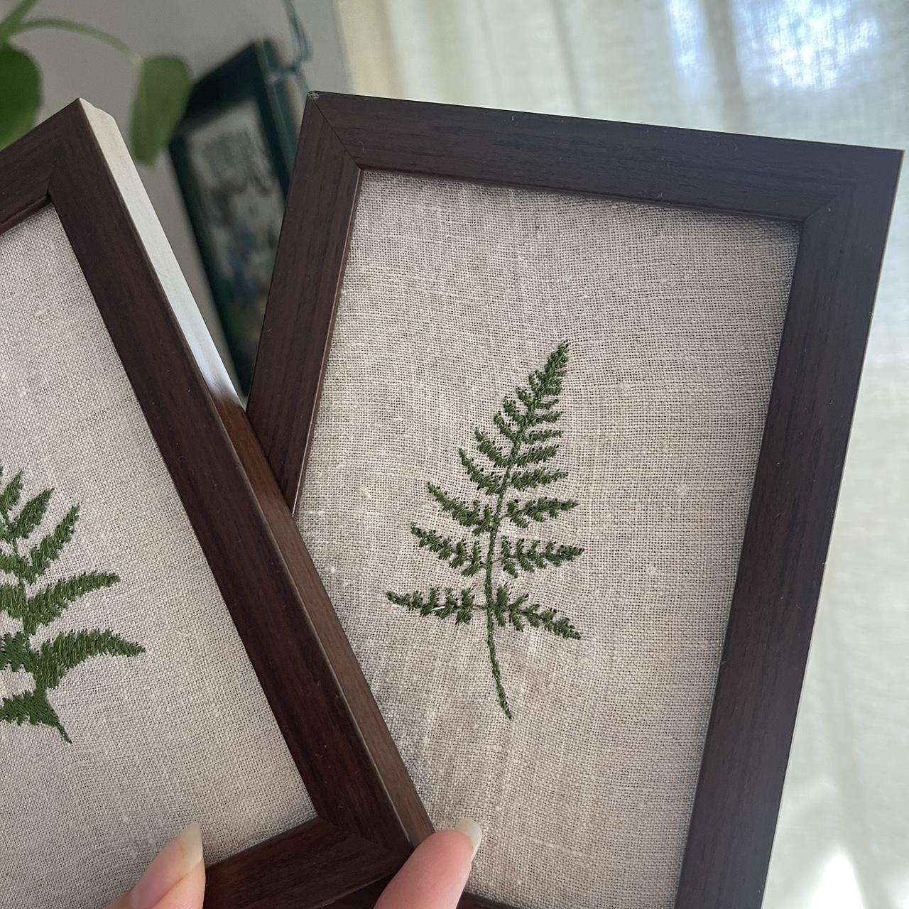 Set of embroidered ferns on linen, framed. Upcycled... - Depop