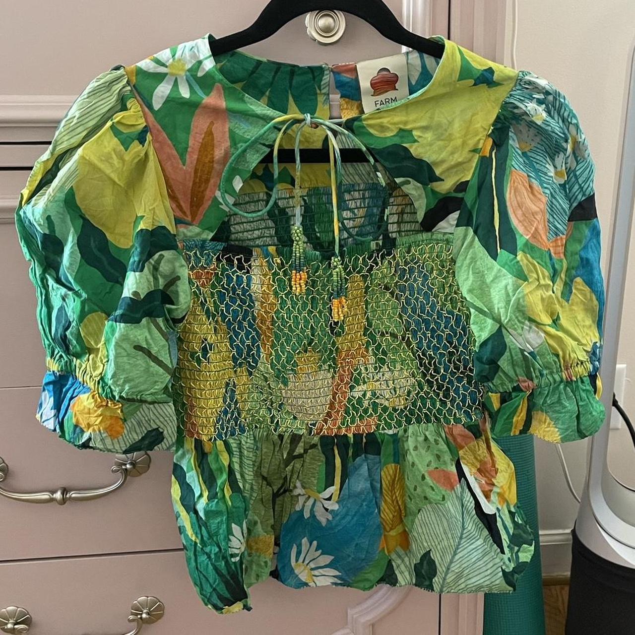 Farm Rio puff sleeve corset style Blouse size small... - Depop