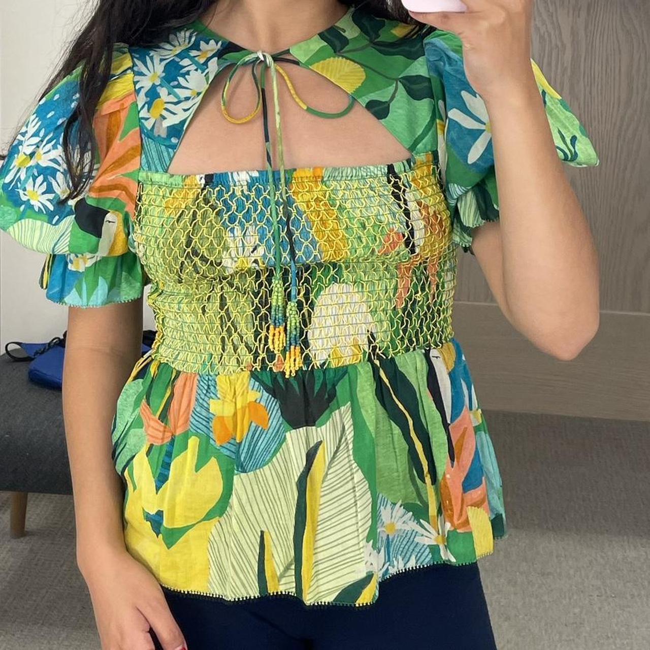 Farm Rio puff sleeve corset style Blouse size small... - Depop