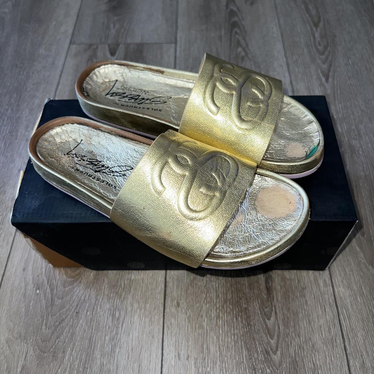Stussy Gold Slides Size: 8 Women’s GOOD USED... - Depop