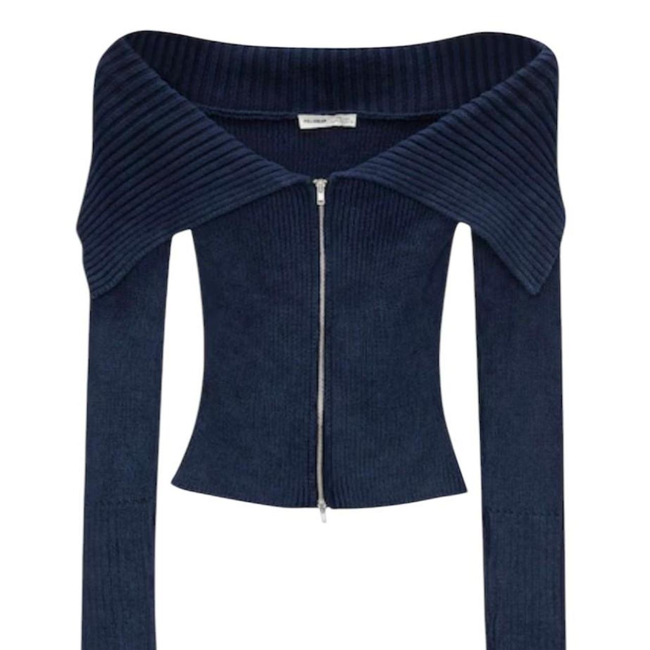 Navy blue off shoulder zip up knit sweater brand new... | Depop