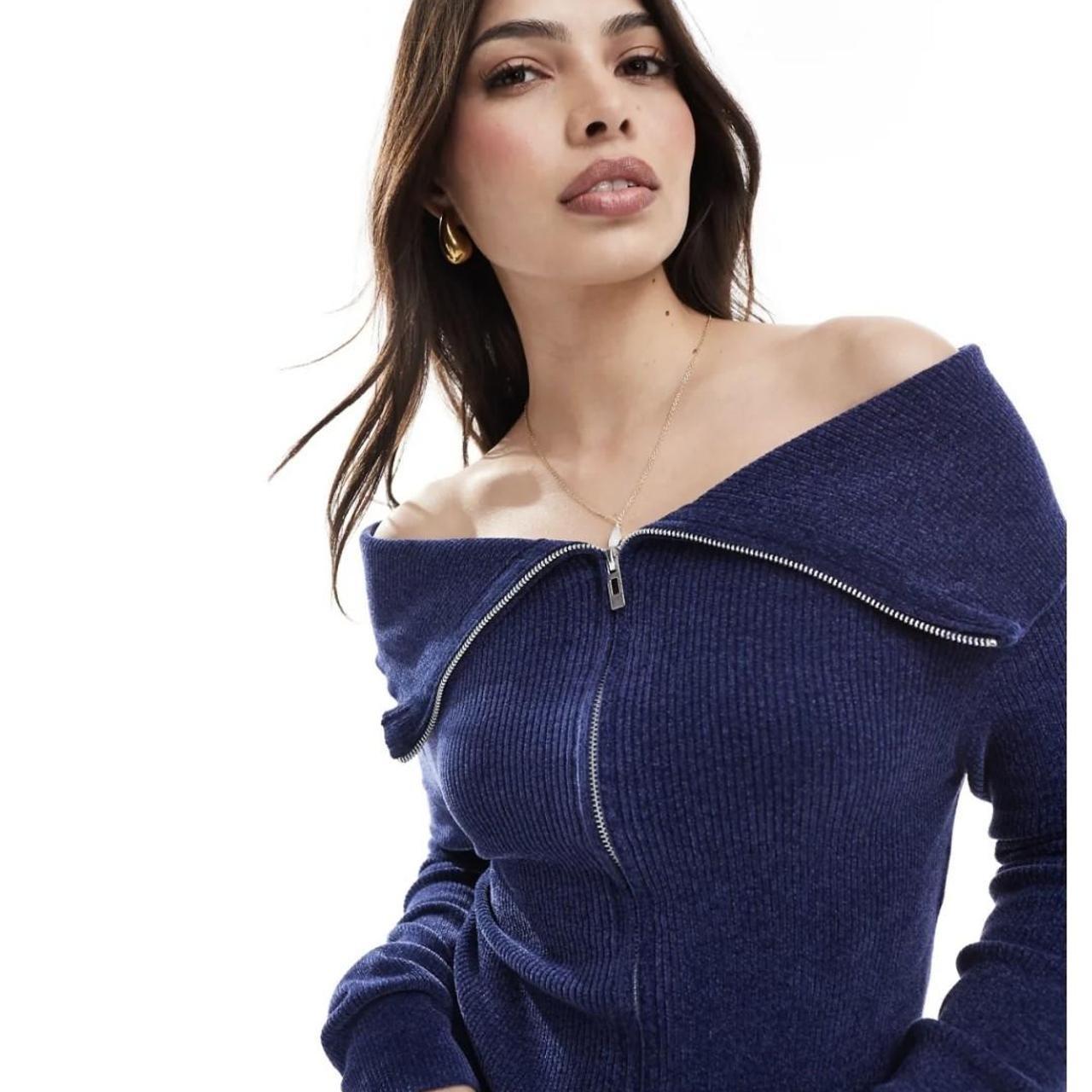 Navy blue off shoulder zip up knit sweater brand new... | Depop