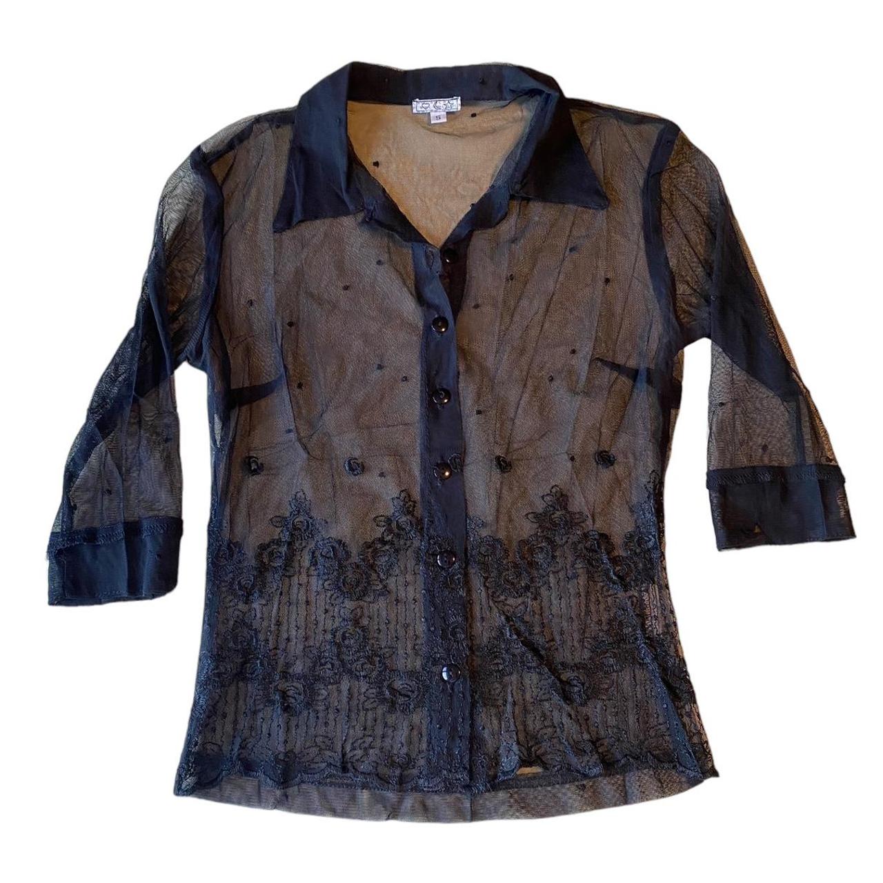 Black mesh shear embroidered button up top with... - Depop